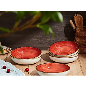 ONEMORE 30 oz Pasta Bowls and 8.5 inch Salad Plates Bundle - Microwave, Oven and Dishwasher Safe - Red