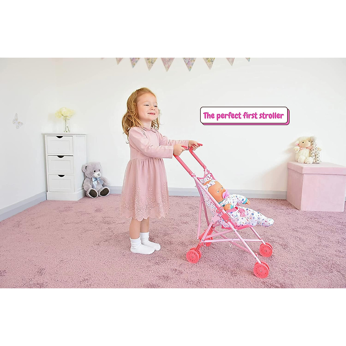 KOOKAMUNGA KIDS Baby Doll Stroller – Umbrella Stroller for Dolls - Foldable & Lightweight Baby Stroller for Dolls - Play Stroller w/ Sturdy Steel Frame - Ideal for Baby Dolls up to 18" - Pink Unicorn