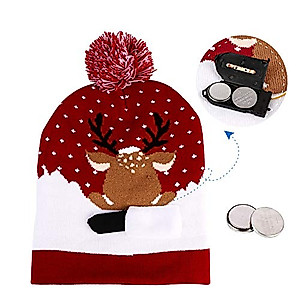 OurWarm LED Christmas Hat, Light Up Christmas Hat Unisex Red Knitted Beanie Holiday Hat with Deer Printing for Party Christmas Gifts