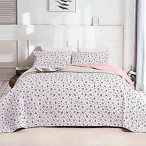 Nanko Quilt Set Queen Full Size 3 Pcs, White and Pink Floral Green Flower Pattern Bedspreads, Soft Lightweight Coverlet Bed Spreads, Farmhouse Thin Quilted Comforter Bedding Sets for Women Girls 90x90