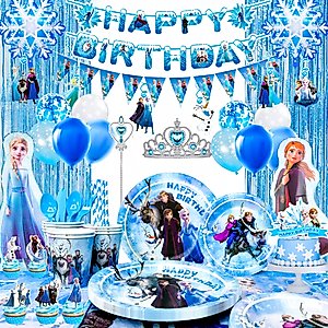 Frozen Birthday Party Supplies,145pcs Frozen Party Decorations&Tableware Set-Frozen Themed Birthday Banner Balloons&Frozen Party Plates Cup Tablecloth etc Anna and Elsa Birthday Decorations