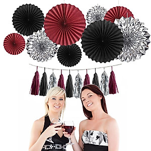 24PCS Maroon Decorations Burgundy Black Silver Party Paper Streamers Tassel Banner Garland Paper Flower Fans Wall Hanging Backdrop Graduation Birthday Bridal Shower Wedding Décor