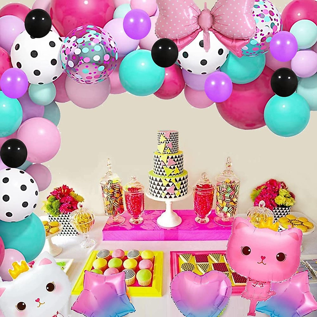 139 PCS Surprise Balloon Garland Arch White Pink Cat Bowknot Stars Heart Foil Balloons for Girls Baby Birthday Baby Shower Wedding Surprise Party Decorations