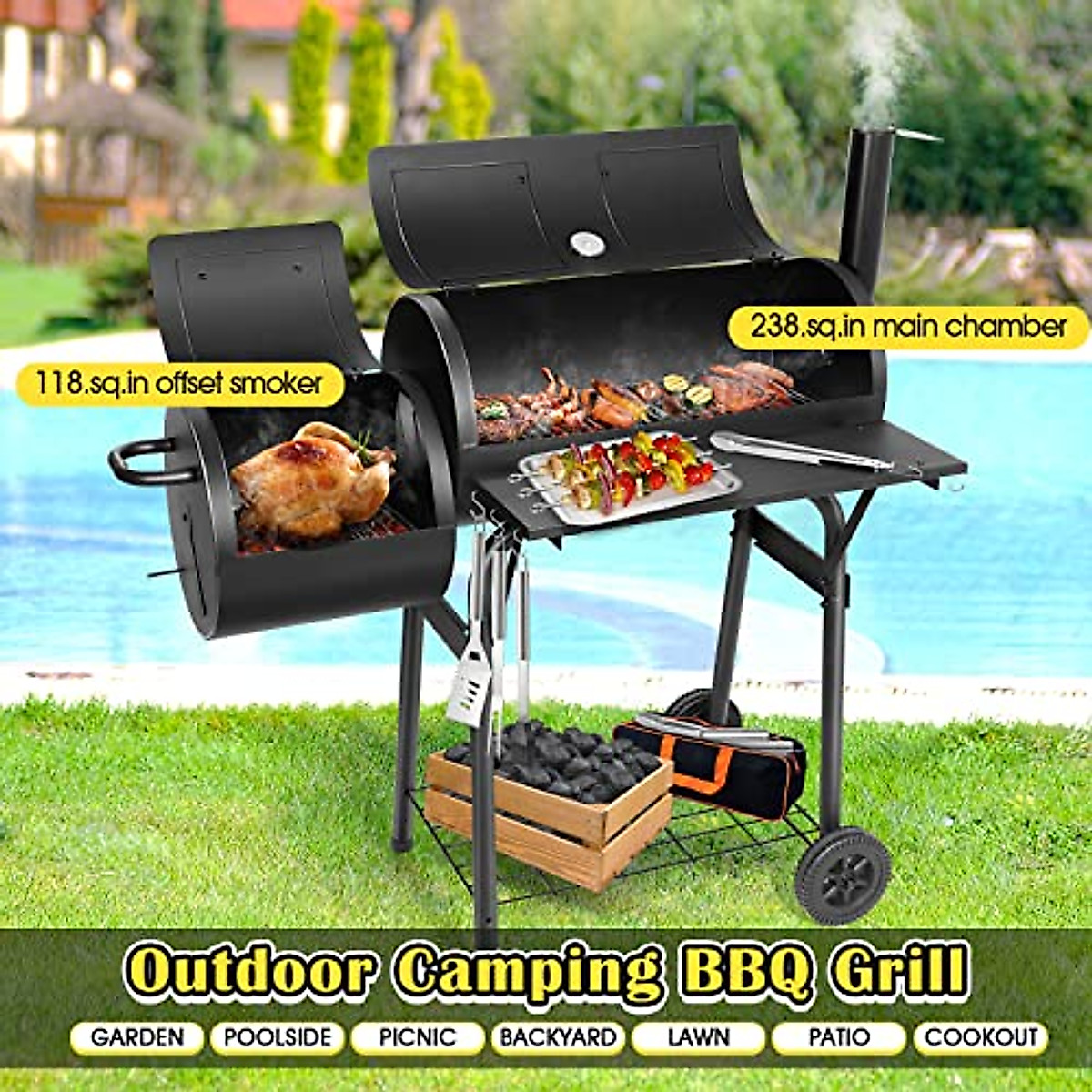 Barrel Charcoal Grill with Offset Smoker, HaSteeL Outdoor BBQ Grill Set of 15, Large Camping Grill for Patio Backyard Garden Smoking Barbecue, Grill Cover, Spatula, Tong, Brush, Fork, Carrying Bag