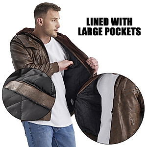 MEBAMY Men's Casual Faux Leather Jacket Coat Autumn and Winter Warm Jacket Black Leather Motorcycle Jacket with Removable Hood