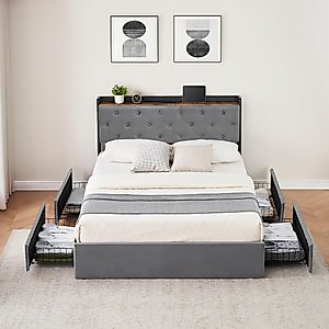 IDEALHOUSE Full Size Bed Frame with 4 Storage Drawers and Charging Station, Upholstered Velvet Platform Bed Frame with Storage Headboard and Sturdy Wooden Slats Support, No Box Spring Needed