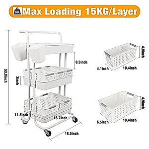 JOLEAD Baby Diaper Caddy Organizer Cart Movable, 3-Tier Sturdy Newborn Nursery Essentials Storage Cart for Changing Tables, with Mesh Baskets Hanging Cups and Sticker, Easy to Assemble