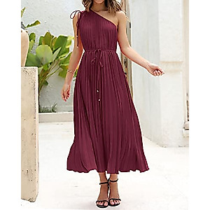 BTFBM Women's Drawstring One Shoulder Maxi Dresses Summer Sleeveless Tie Waist Pleated Long Flowy Party Cocktail Dress(Solid Wine Red, Medium)