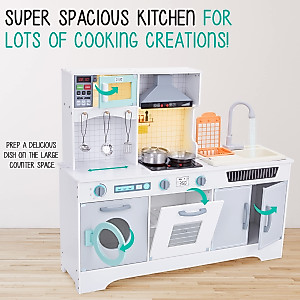 Lil' Jumbl Jumbl Kids Wooden Kitchen Set, Pretend Working Sink with Real Running Water, includes Range Hood, Microwave & Stove Top That Make Realistic Sound & Light, Full Accessory Set Included