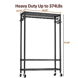 ZERDER Metal Clothing Rack for Closet, Heavy Duty Clothes Rack with 1 Hanging Rods,3 Tiers Shelves and Side Hooks, Freestanding Garment Rack