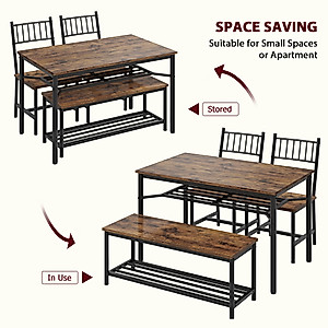 IDEALHOUSE Dining Table Set for 4, Kitchen Table and 2 Chairs with Storage Bench, 47.2" Rectangular Kitchen Table Set with Wine Rack, Dining Room Table Set for Small Space, Apartment, Rustic Brown