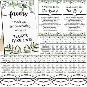 Thyle 50 Set Baby Shower Favors for Guests 50 Adjustable Heart Wish Bracelet 50 Message from the Bump Card 1 Wooden Baby Shower Game Sign Baby Shower Games Party Decor for Guest Return Gift (Greenery)