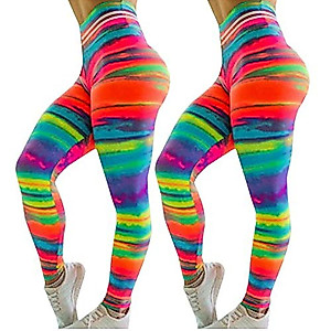 Pgyong High Waist Yoga Leggings for Women Tummy Control Butt-Lifting Skinny Yoga Pants Striped Tie Dye Stretchy Sweatpants Multicolor