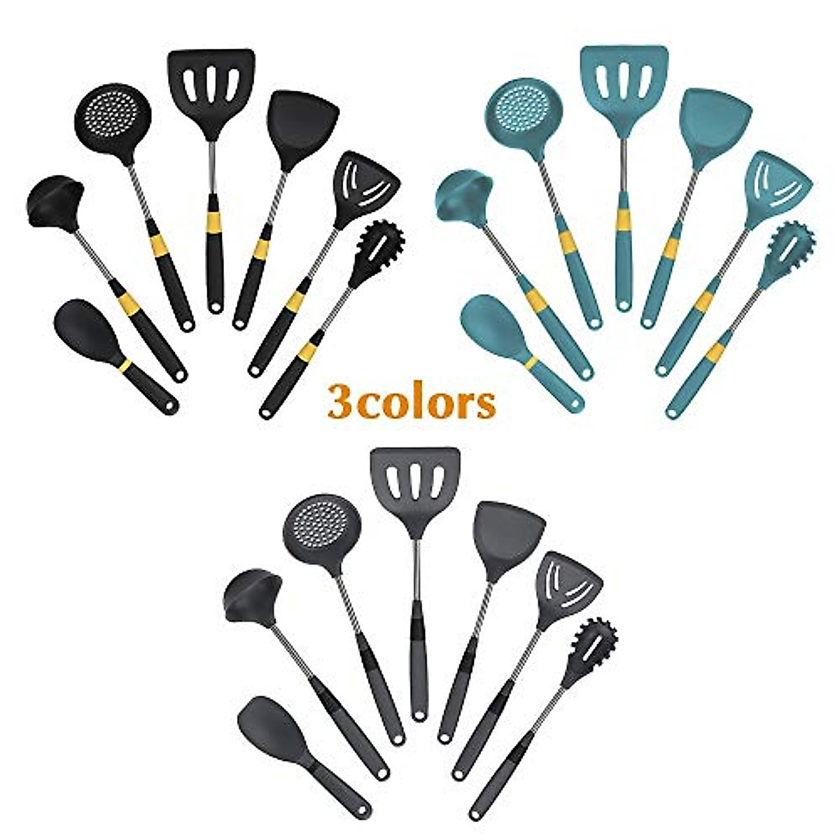 SDGH 7 Pcs New Silicone Kitchenware Non-Stick Kitchen Cooking Utensils Extended Design Stainless Steel Handle Kitchenware Sets (Color : E)