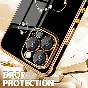 Petitian for iPhone 13 Pro Max Case, Cute Women Girls Bling Glitter Designed Heart Phone Cases for iPhone 13 Pro Max, Girly Gold Plating Phone Cover for 13 Promax with Camera Protector Black