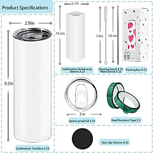 25 Pack 20 oz Sublimation Tumblers,Straight Skinny Stainless Steel Double Wall Insulated Cups for Heat Transfer with Silicone Band, Heat Resistant Tape,Shrink Wrap Films and Individually Boxed