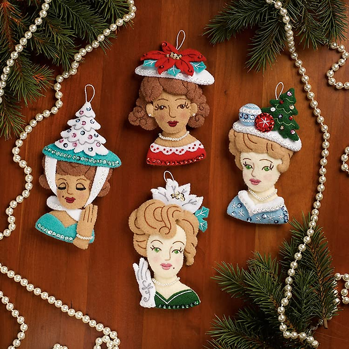 Bucilla Felt Applique 4 Piece Ornament Making Kit, Christmas Hat Parade, Perfect for DIY Arts and Crafts, 89509E