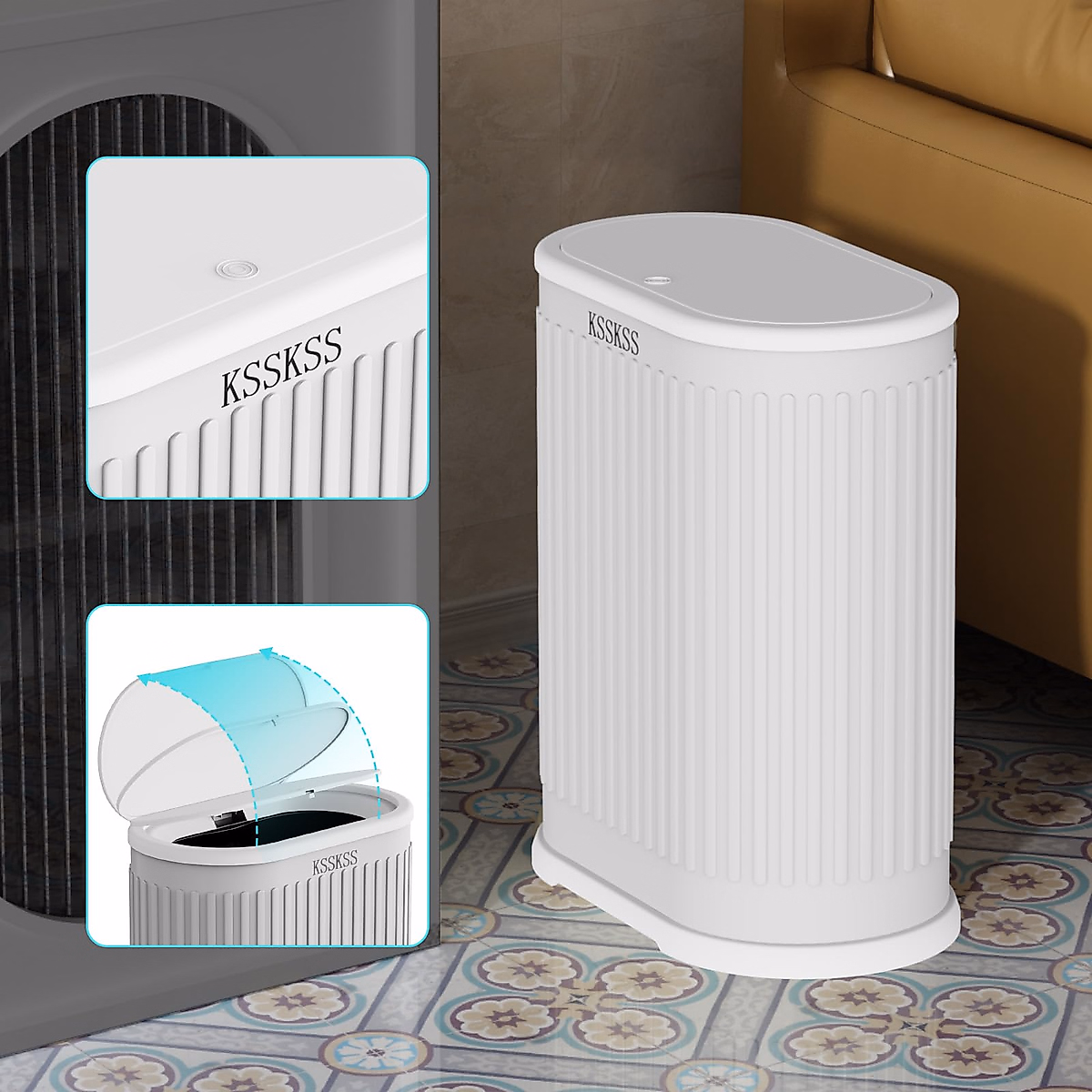 KSSKSS 1.8 Gallons Small White Bathroom Trash Can with Lid, Slim Bathroom Garbage Bin, Removable Liner Bucket, Dog Proof Trash Can with Pop-Up Lid for Bedroom,Toilet