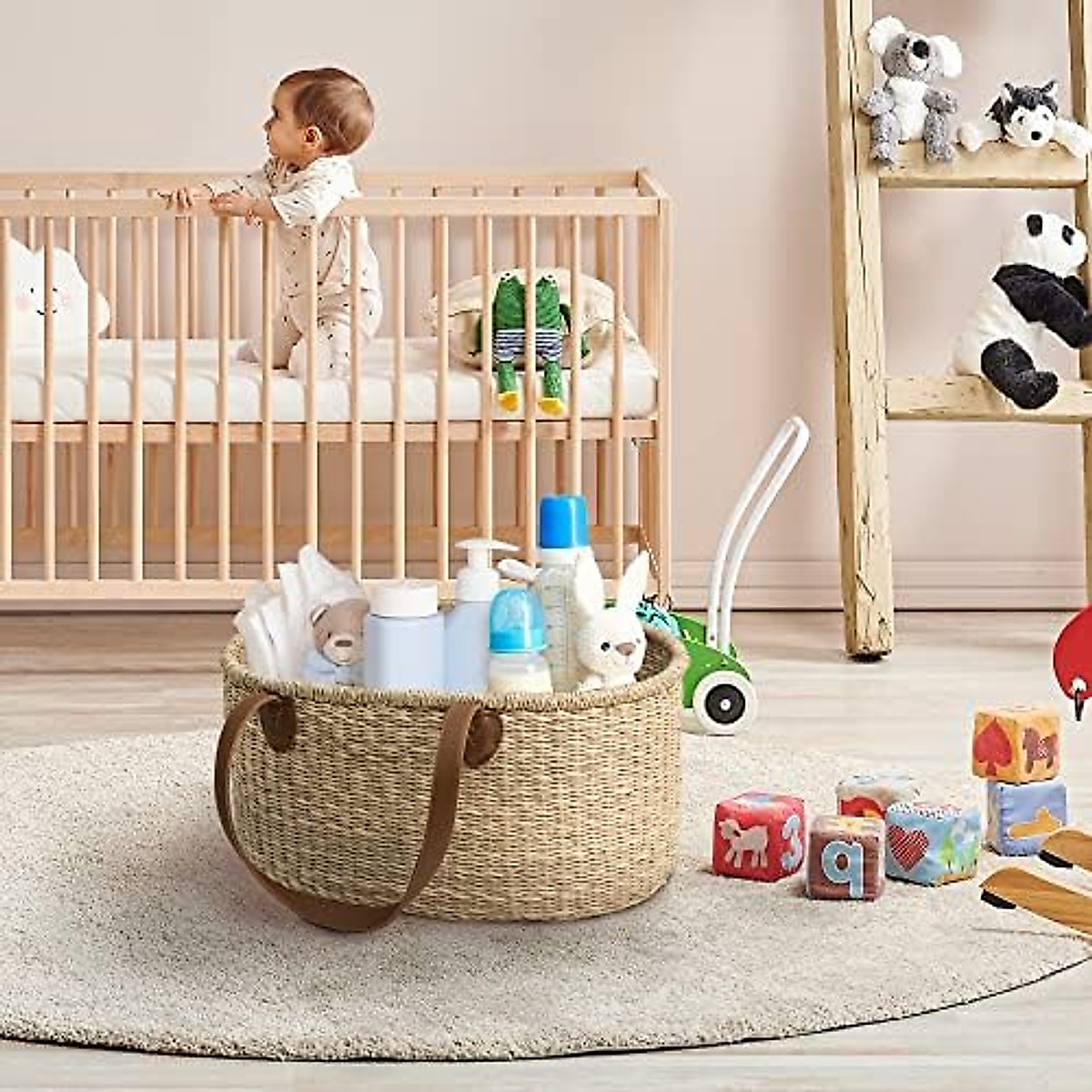 GAIAMADE Seagrass Diaper Caddy, Practical Diaper Holder with Handles, Hand-woven Baby Diaper Caddy Organizer, Neutral Nursery Organizing, Decoration and Gift (included 2 Cotton Drawstring Bags)