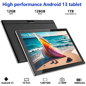 YQSAVIOR Android 13 Tablet 10 Inch, 12GB RAM 128GB ROM 1TB Expand, 2 in 1 Computer Tablet with Keyboard, IPS HD Screen, 6000mAh, 2.4G/5G/WiFi 6 Bluetooth 5.0 Tablet Pc with Stylus, Mouse, Black