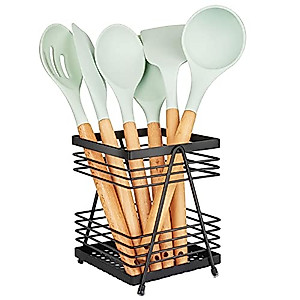 Utensil Holder for Kitchen Counter,Rectangular Matte Black Spoon Spatula Holder,Metal Steel Wire Cooking Utensil Crock Caddy,Elegant Silverware Flatware Organizers Storage for Countertop (1 Pack)