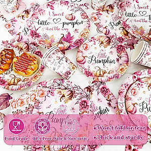Little Pumpkin Baby Shower Decorations Happy Fall a Little Pumpkin Is On The Way Tableware Set Serves 30 Guests with Pink Fall Pumpkin Plates,Napkins and Cups, Plastic Tablecloth for Girl Baby Shower