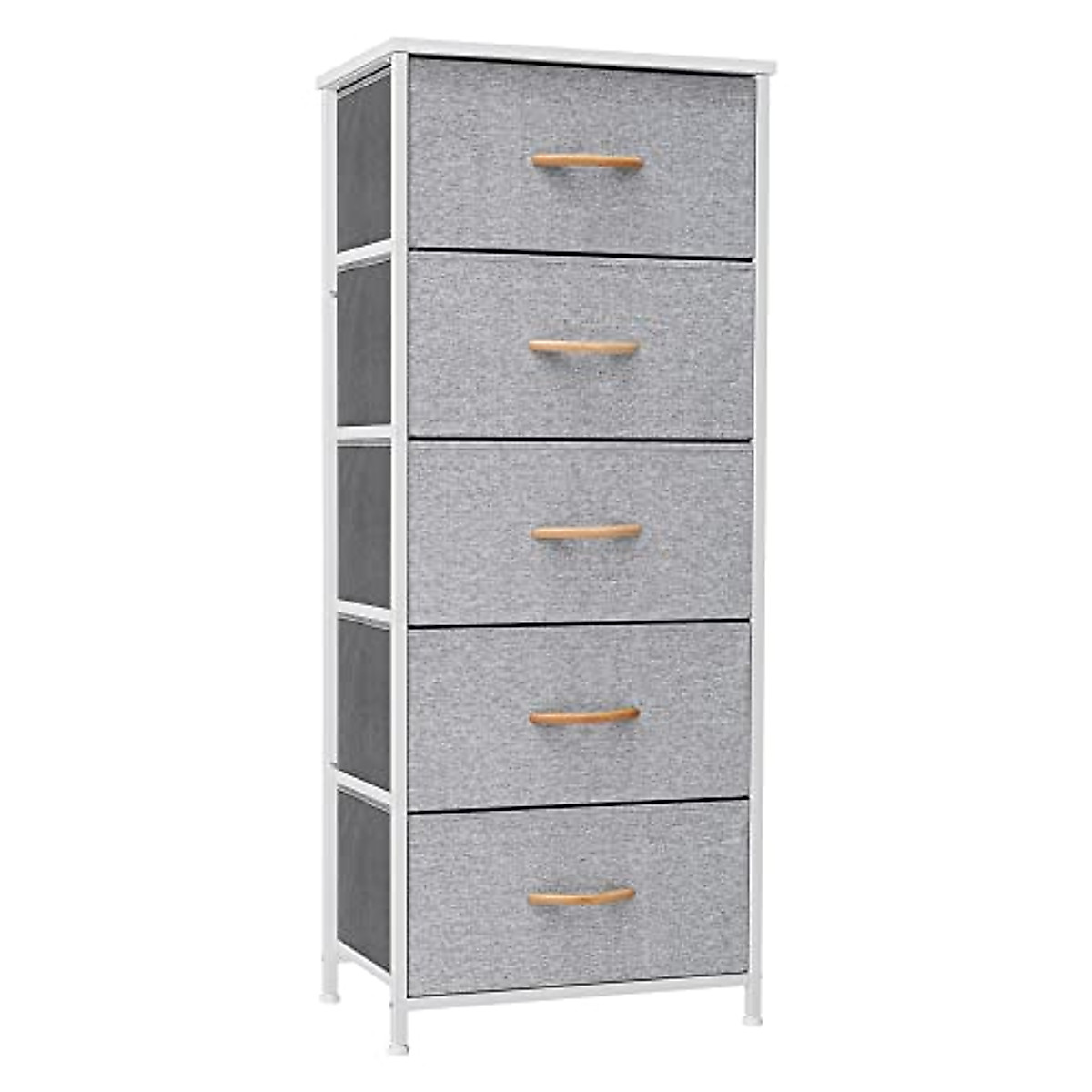 Crestlive Products Vertical Dresser Storage Tower - Sturdy Steel Frame, Wood Top, Easy Pull Fabric Bins, Wood Handles - Organizer Unit for Bedroom, Hallway, Entryway, Closets - 5 Drawers (Light Gray)