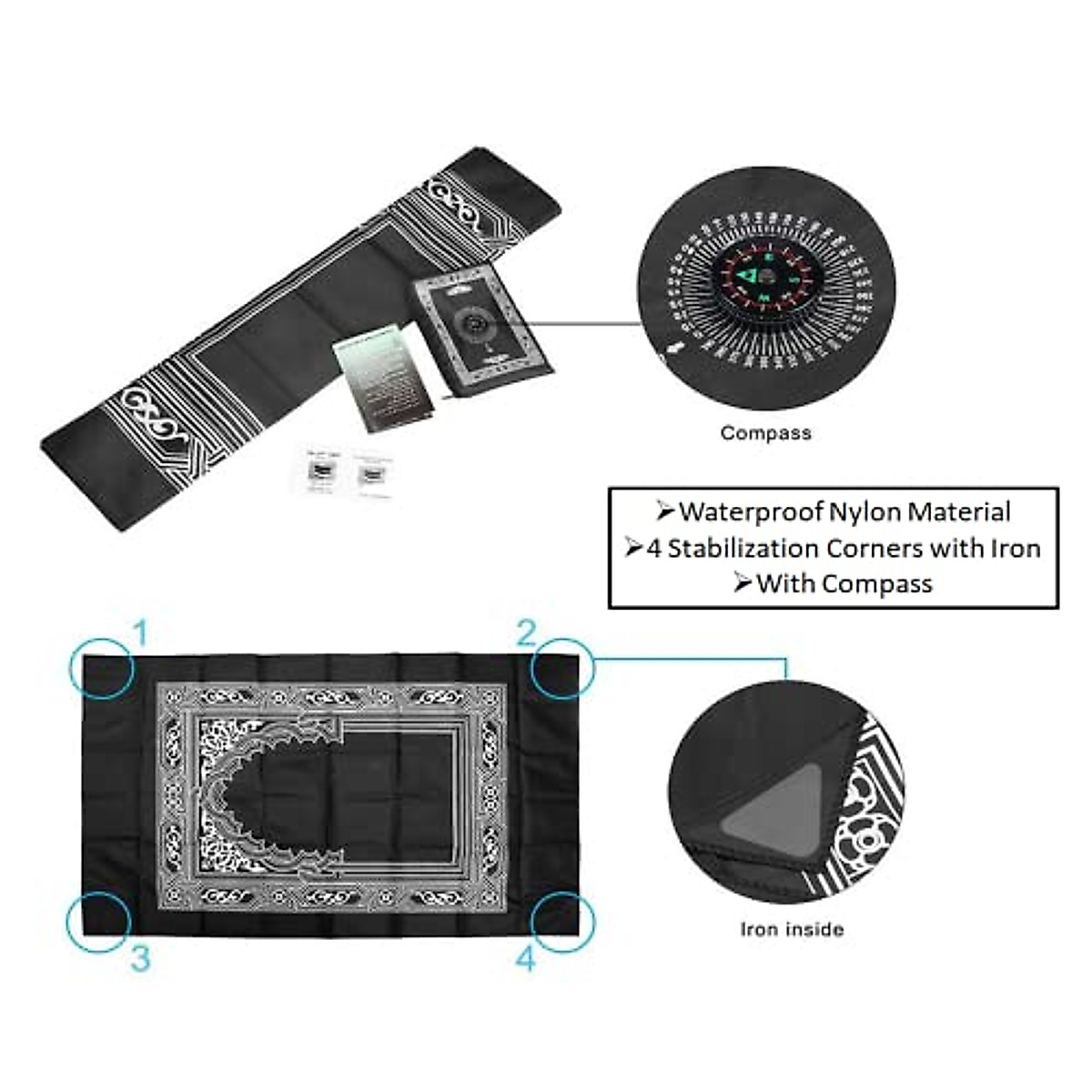 Hitopin 2 Pieces Travel Prayer Mat, 60cm*100cm Portable Prayer Mat, Waterproof Prayer Mat, Prayer Rug, Muslim Travel Prayer Mat, for Ramadan Gifts, Islamic Muslim Prayer (Black, Blue)