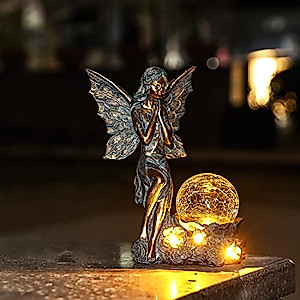 QZVANLON Fairy Garden Statue - Resin Solar Angel Figurines Garden Outdoor Decorations with Solar Crackle Glass Globe Lights, for Lawn Yard Patio Porch, Ornament Gift