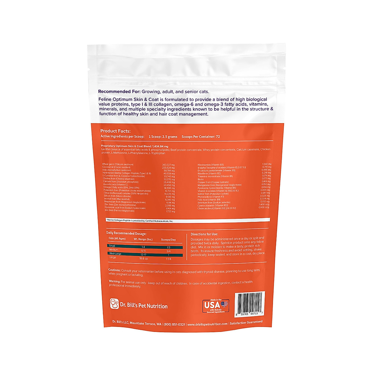 Dr. Bill’s Feline Optimum Skin & Coat – Fish Oil Omega-3 Fatty Acids for Cats Healthy Fur | Reduce Shedding and Hairballs with Biotin, Type I & III Marine Collagen, Hyaluronic Acid, & Folic Acid