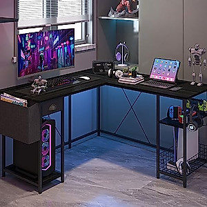 X-cosrack 88.5inch Large L-Shaped Computer Desk with Storage Shelves Drawer, Home Office Writing Corner Desk, 2 Person Long Desk PC Laptop Workstation with Hooks Storage Bag Cable Hole-Black