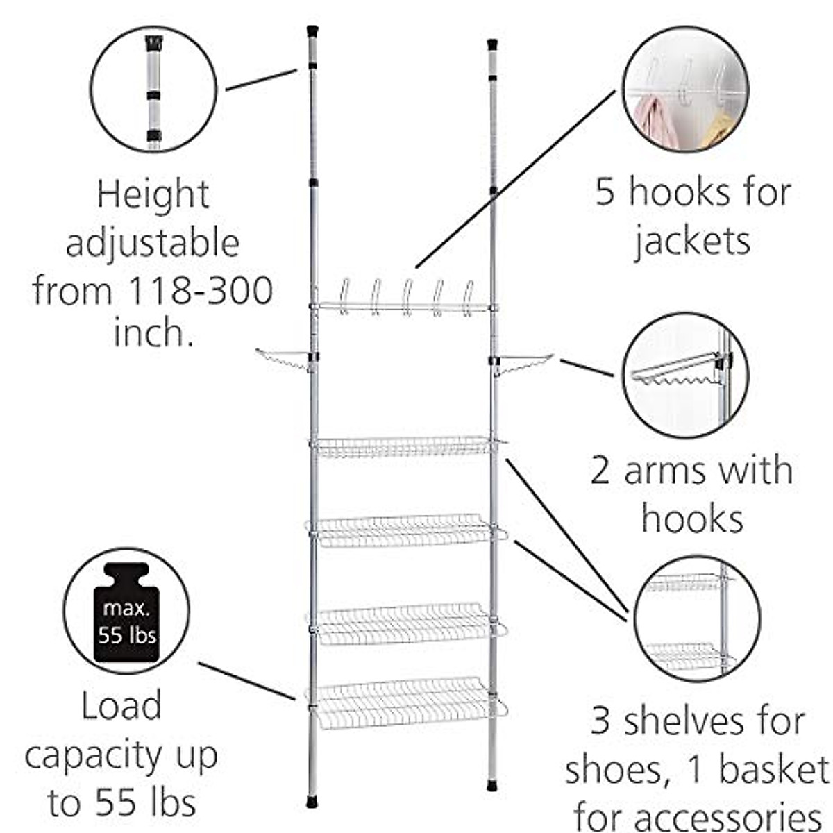 WENKO Appolon Telescopic Rack System Rail, Adjustable, Heavy Duty, for Hanging Clothes, Storage, Organizer, with Shelves, 24 x 70.9-118.1 x 11 in