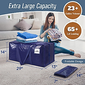 6 Pack Extra Heavy Duty Large Moving Bags with Strong Zipper & Comfortable Handles, Sturdy & Durable Clothes Storage Bags Totes Bins, Blue Packing Moving Boxes for College Supplies, Dark Blue