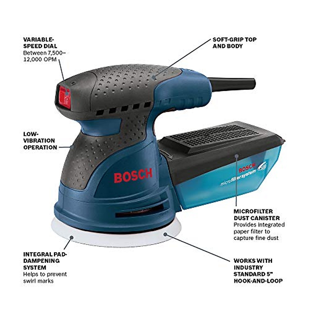 BOSCH ROS20VSK Palm Sander 2.5 Amp 5 in. Corded Variable Speed Random Orbital Sander/Polisher Kit with Dust Collector and Hard Carrying Case, Blue