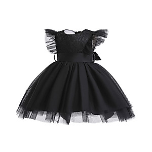 Weileenice Black Flower Baby Girl Tulle Dress 6M/ 6-12 Flutter Sleeve Sheer Back Newborn Girls 1st Birthday Party Wedding Outfit Lace Bow Headband Toddler Photo Shoot Formal Tutu Dresses Christmas