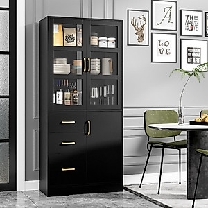 HIFIT 2 Pack Tall Bookshelves and Bookcases with Glass Display Cabinet Doors and 3 Drawers, Floor Standing Wood Storage Cabinet with Shelves, Modern Cabinet for Home Office, Living Room, Study, Black