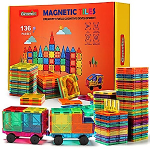 Gemmicc Magnetic Tiles, Deluxe 136 PCS Building Blocks Magnet Toys for Kids,3D Magnet Puzzles Stacking Blocks for Boys Girls,Huge Set with 2 Cars