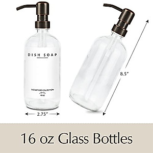 Emerson Essentials Glass Soap Dispenser Set, 2 Pack, Hand Soap Dispenser for Bathrooms and Dish Soap for Kitchen Sink with Pumps, Lotion 16oz Bottles with 5 Waterproof Labels (Clear/Oil Rubbed Bronze)