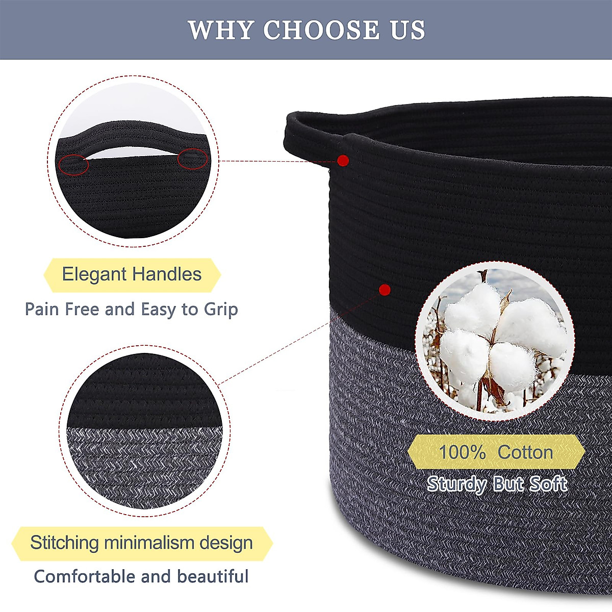 BOSROTY Large Laundry Hamper Basket for Clothes 72L, Nursery Hamper, Blanket Basket, Clothes Basket Laundry, Woven Storage Basket, Toy Basket, Cotton Rope Laundry Basket, 16”x 22”, Black & Gray