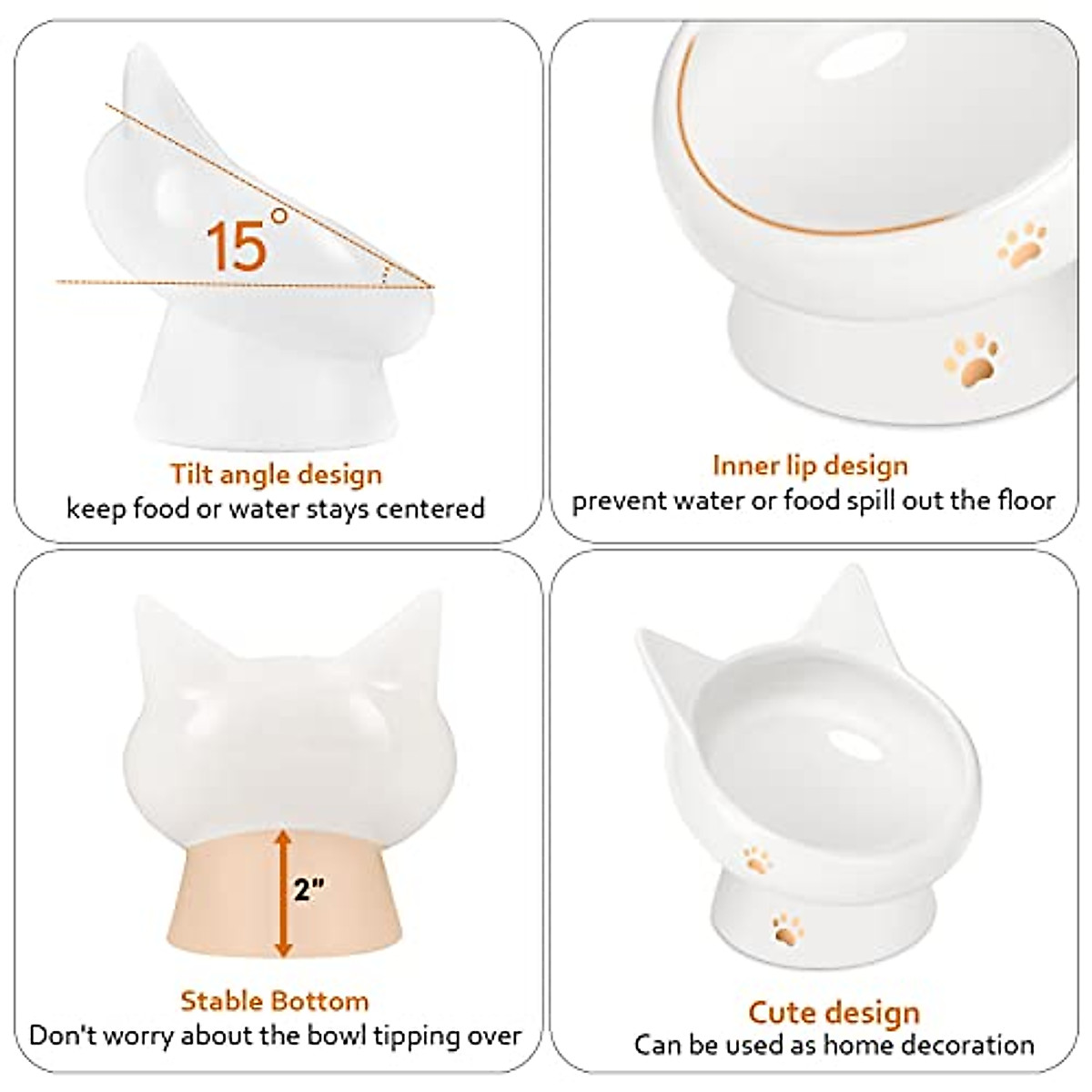 Cat Bowls, Ceramic Cat Food and Water Bowl Set Anti Vomiting, Tilted Elevated Bowls for Cat, Small Dogs, Protect Pet's Spine, Dishwasher and Microwave Safe,2 Pack
