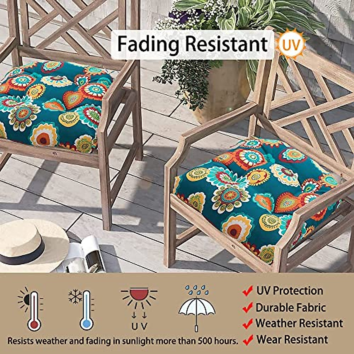 MAGPIE FABRICS Outdoor/Indoor Tufted Seat Cushion with Ties Set of 2, 19"x19" Waterproof Patio Chair Pads Tatami for Room Garden Balcony Office Decor(Heronsbill Turquoise Green)