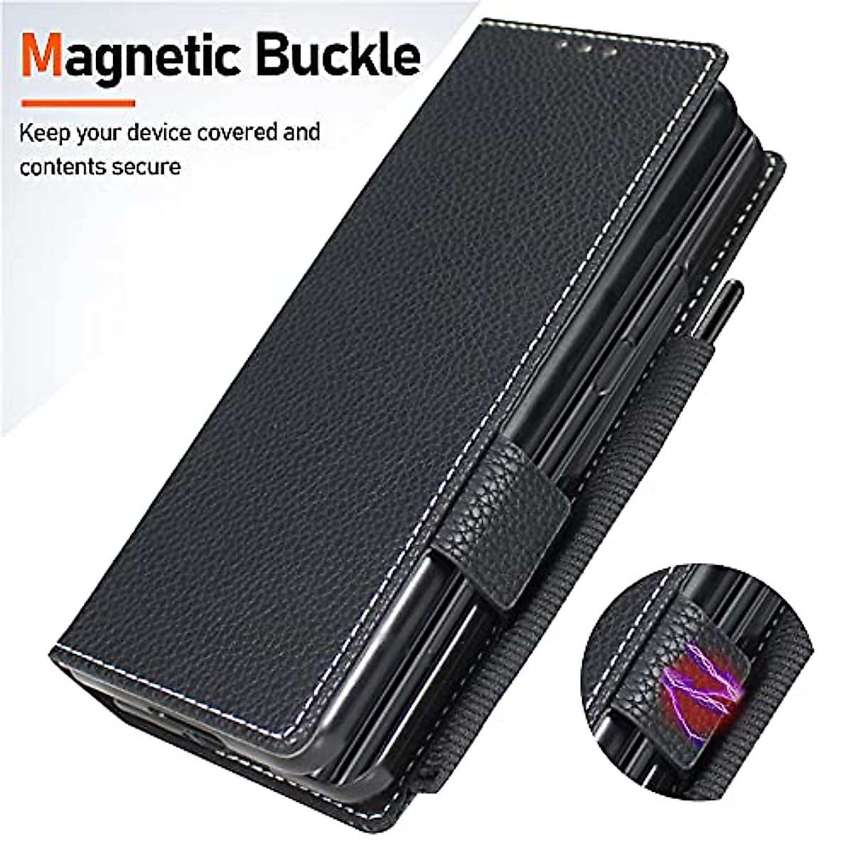 Woluki Galaxy Z Fold 3 Case with S Pen Holder, Genuine Leather Wallet Card Solt Magnetic Detachable 2-Style 360° Full Protection Stylus Storage Phone Cover for Samsung Galaxy Z Fold 3 5g (Black)