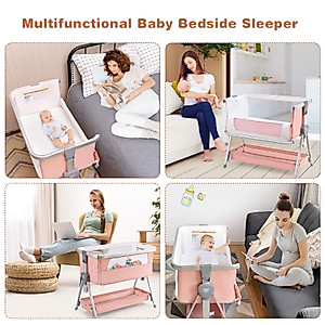 BABY JOY Bedside Bassinet, Portable Baby Crib w/Mattress, Two-Side Breathable Mesh, 7 Height Adjustable, Large Storage, Wheels for Easy Movement, Crib for Newborn Infant, Bassinet for Baby, Pink