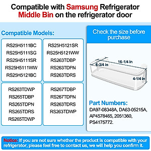 [2 PACK] Upgraded DA97-08348A Refrigerator Door Shelf Bin Replacement for Samsung Refrigerator Parts RS265TDRS RS25H5111BC RS25H5111SR Door Shelf,DA63-05215A for Samsung Fridge Middle Door Shelves