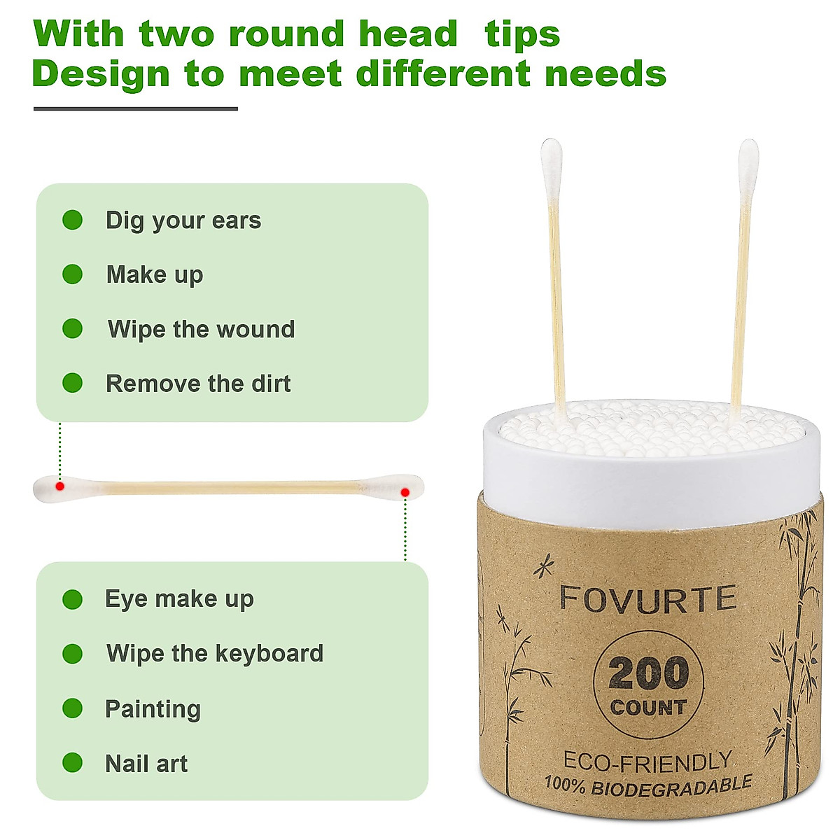 FOVURTE Bamboo Cotton Swabs 400 count, Organic Cotton Swab Round Tips, Natural Wooden Cotton Buds for Ears, Double Heads Ear Sticks Travel, Makeup Remover