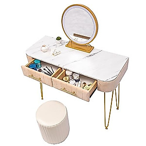VKKILPEE 39.4" Length Flannel Soft Roll Makeup Vanity Set, Fashionable Soft Roll Makeup Table, 15.8" Touch Control 3 Brightness Options LED Mirror, Large Capacity Storage, Fashionable Soft Roll Stool
