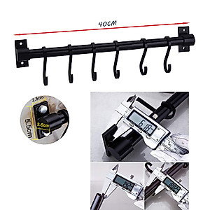 Gourmet Kitchen Utensil Rack with 6 Hooks, Wall Mounted Rail Wrought Iron Hanging Utensil Holder Rack with Removable S Hooks 16 Inch (Black-6 Hooks)