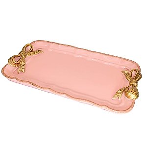 Vintage Decorative Tray Towel Tray Storage Tray Dish Plate Fruit Trays Rings Chain Bracelets Earrings Trays Cosmetics Jewelry Organizer Retro Design Bow-Knot Resin Plate Coquette Room Decor (Pink)