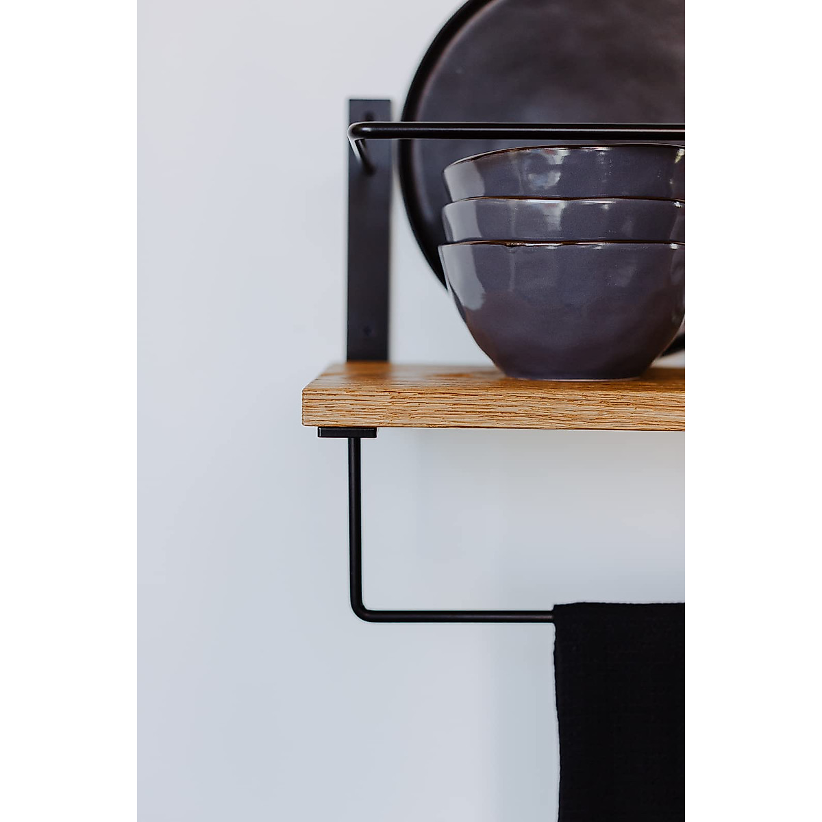 Wood Floating Shelves with Metal Towel Bar, Oak Kitchen Wall Storage Towel Rack, Bathroom Towel Holder, Wall Mounted Steel Towel Rack ETHIMO Classic I