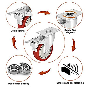 4 inch Heavy Duty Casters Load 1800lbs,Lockable Bearing Caster Wheels with Brakes,Swivel Casters for Furniture and Workbench，Set of 4 (Free Screws)
